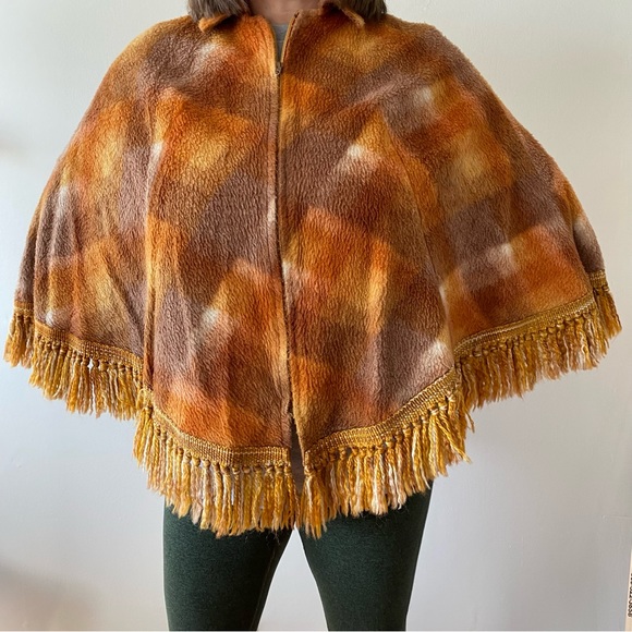 Jackets & Coats | Vintage Plaid Full Zip Front Cape Orange And Brown ...